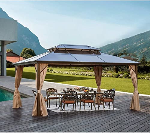 MELLCOM 12 x 16ft Polycarbonate Hardtop Gazebo, Double Roof Aluminum Gazebo, Outdoor Waterproof Gazebo with Netting and Curtains for Patios, Garden, Deck, Lawns