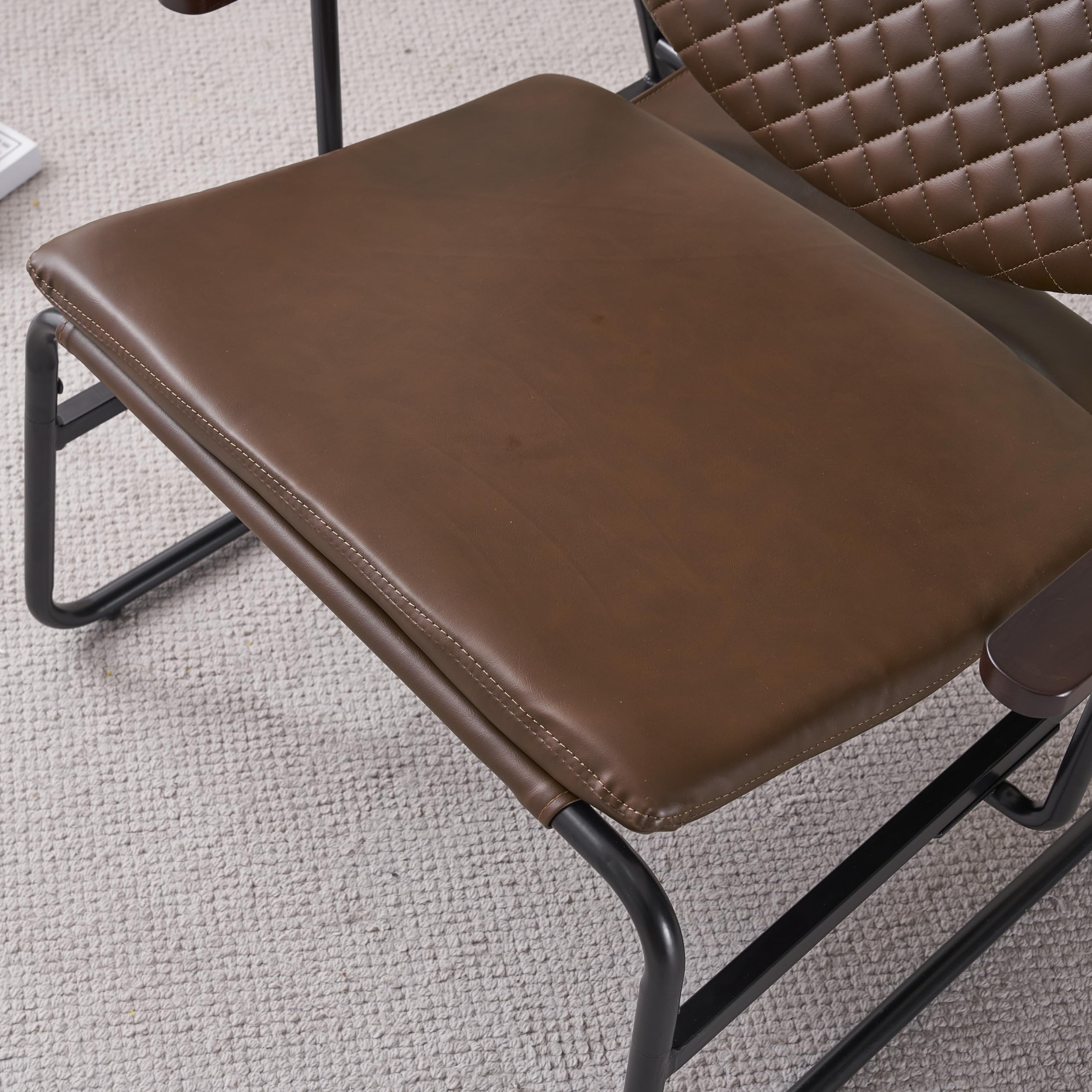 Penifun Accent Metal Frame, PU Leather Upholstered Comfy Oval Back with Lattic, Side Leisure Lounge Arm Chairs Armchairs for Living Room, Bedroom, Dark Brown