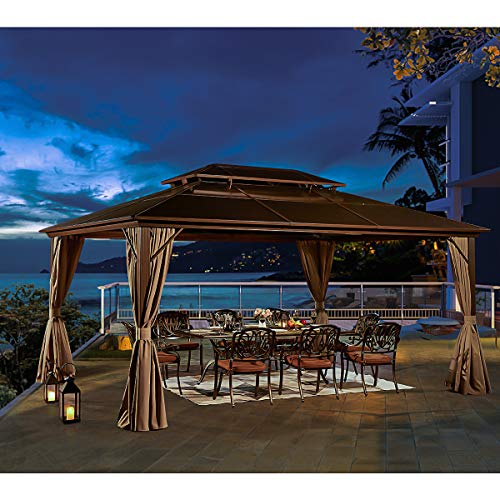 MELLCOM 12 x 16ft Polycarbonate Hardtop Gazebo, Double Roof Aluminum Gazebo, Outdoor Waterproof Gazebo with Netting and Curtains for Patios, Garden, Deck, Lawns