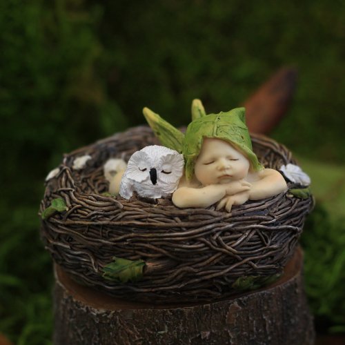Top Collection 4202 Sleeping Fairy Baby with Owl in Nest Figurines