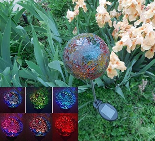 Solar Colorful Ball Globe Light (#Black05R), Solar Power Multi-Color Color Changing LED Mosaic Crackle Glass Decorative Garden Yard Light Stake