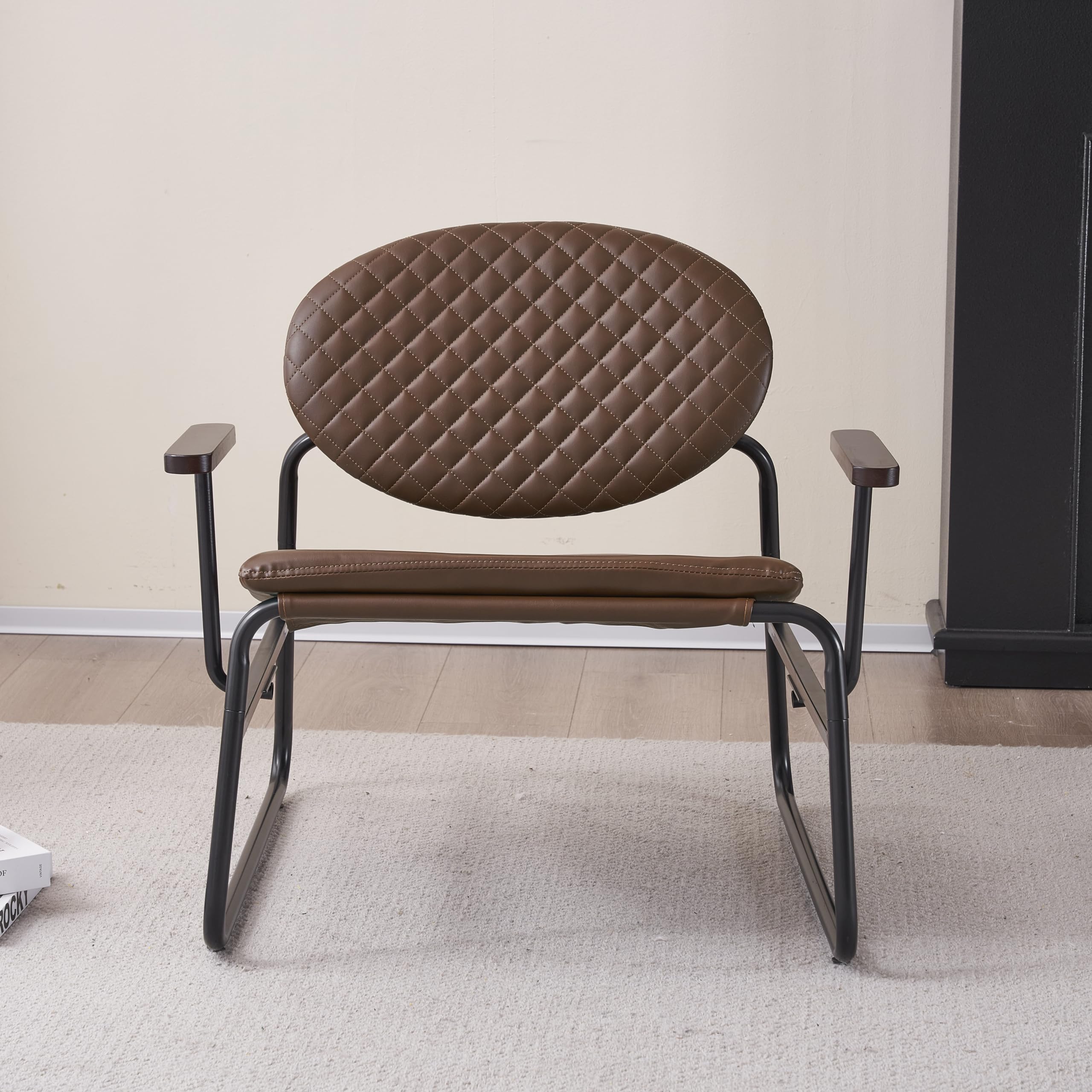 Penifun Accent Metal Frame, PU Leather Upholstered Comfy Oval Back with Lattic, Side Leisure Lounge Arm Chairs Armchairs for Living Room, Bedroom, Dark Brown
