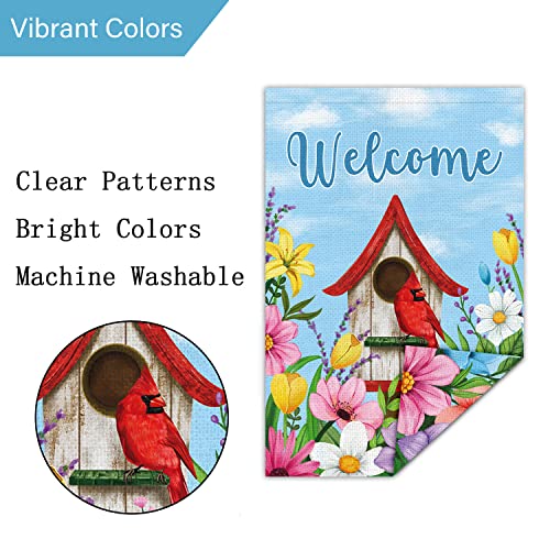 Welcome Spring Garden Flag 12x18 Double Sided Vertical, Burlap Small Birdhouse Floral Garden Yard House Flags Outside Outdoor House Spring Summer Decoration (ONLY FLAG)