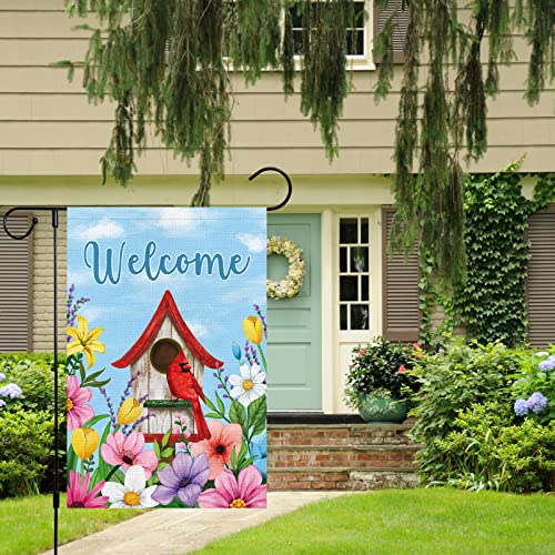 Welcome Spring Garden Flag 12x18 Double Sided Vertical, Burlap Small Birdhouse Floral Garden Yard House Flags Outside Outdoor House Spring Summer Decoration (ONLY FLAG)