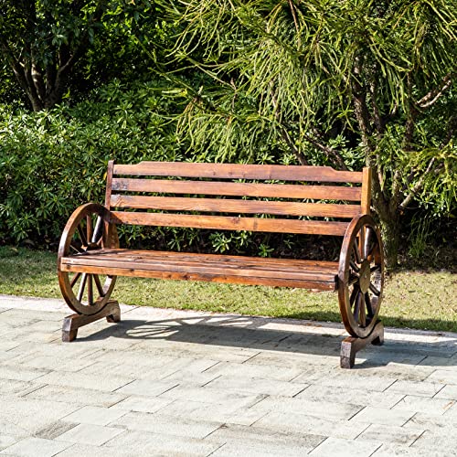 Mavalous Wagon Wheel Bench for Outdoor, 3-Person Seat Wooden Bench with Backrest, Rustic Benches forOutside, Porch, Garden, Brown