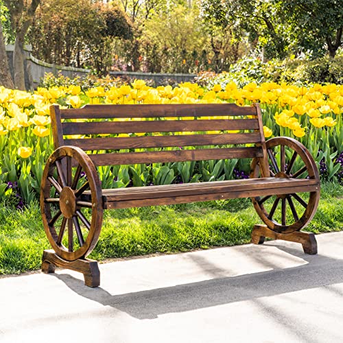 Mavalous Wagon Wheel Bench for Outdoor, 3-Person Seat Wooden Bench with Backrest, Rustic Benches forOutside, Porch, Garden, Brown