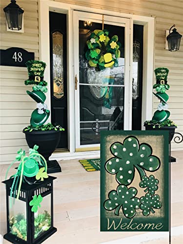 Welcome St Patricks Day Garden Flag 12x18 Double Sided,Lucky Shamrock with Dots Small Yard Flag,Spring Saint Patrick Decors for Farmhouse Outside Outdoor Holiday