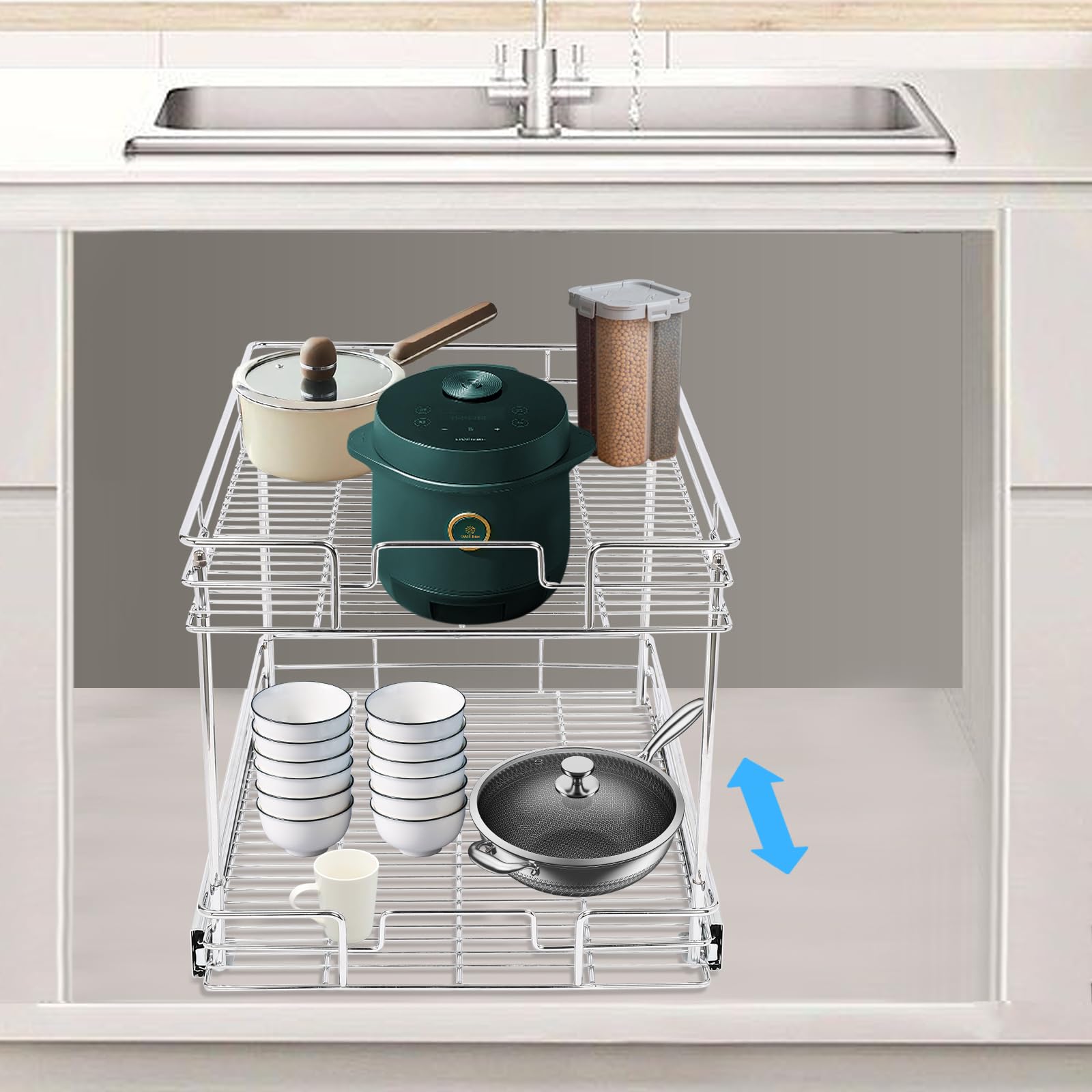 Vintoro Cabinet Organizer,Kitchen Helper,Pull Out Cabinet Organizer,Sink Organizer and Storage,2-Tier Cabinet Pull Out Shelves,for Bathroom,Laundry Room,Kitchen,Pantry(Silver,21.5 * 16.5 * 15in)