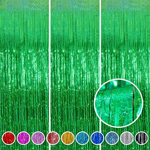 Foil Fringe Curtains Party Decorations - Melsan 3 Pack 3.2 x 8.2 ft Tinsel Curtain Party Photo Backdrop for Birthday Party Baby Shower or Graduation Decorations Green