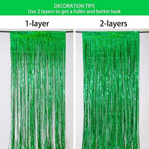 Foil Fringe Curtains Party Decorations - Melsan 3 Pack 3.2 x 8.2 ft Tinsel Curtain Party Photo Backdrop for Birthday Party Baby Shower or Graduation Decorations Green