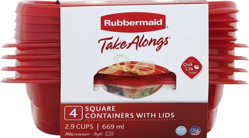 Rubbermaid TakeAlongs 2.9-Cup Square Food Storage Containers, 4-Pack, Chili Red