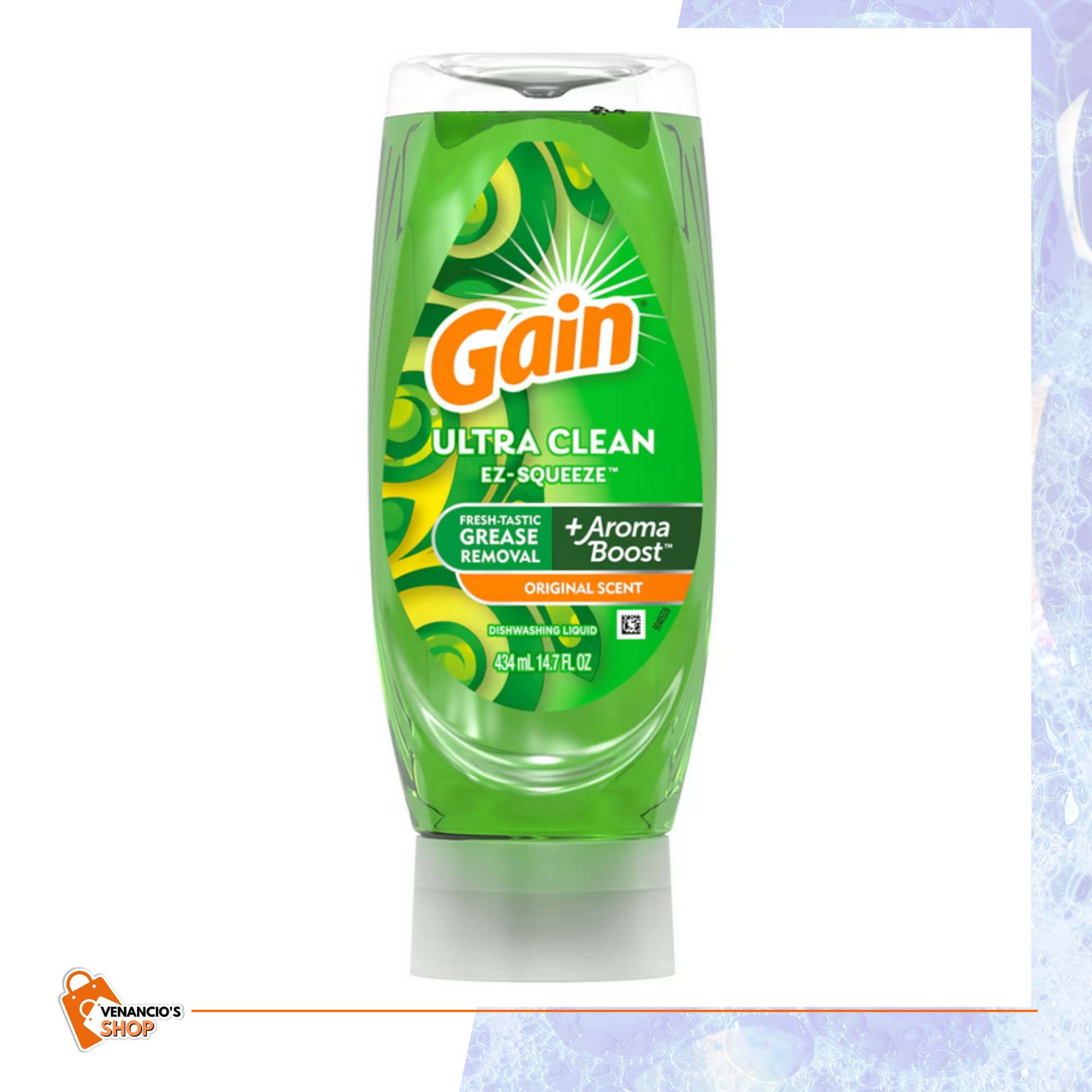 Gain EZ-Squeeze Dishwashing Liquid Dish Soap + Includes Venancio’sfridge Sticker and Cleaning Sponge (Original Scent 14.7 fl oz – Pack of 1)