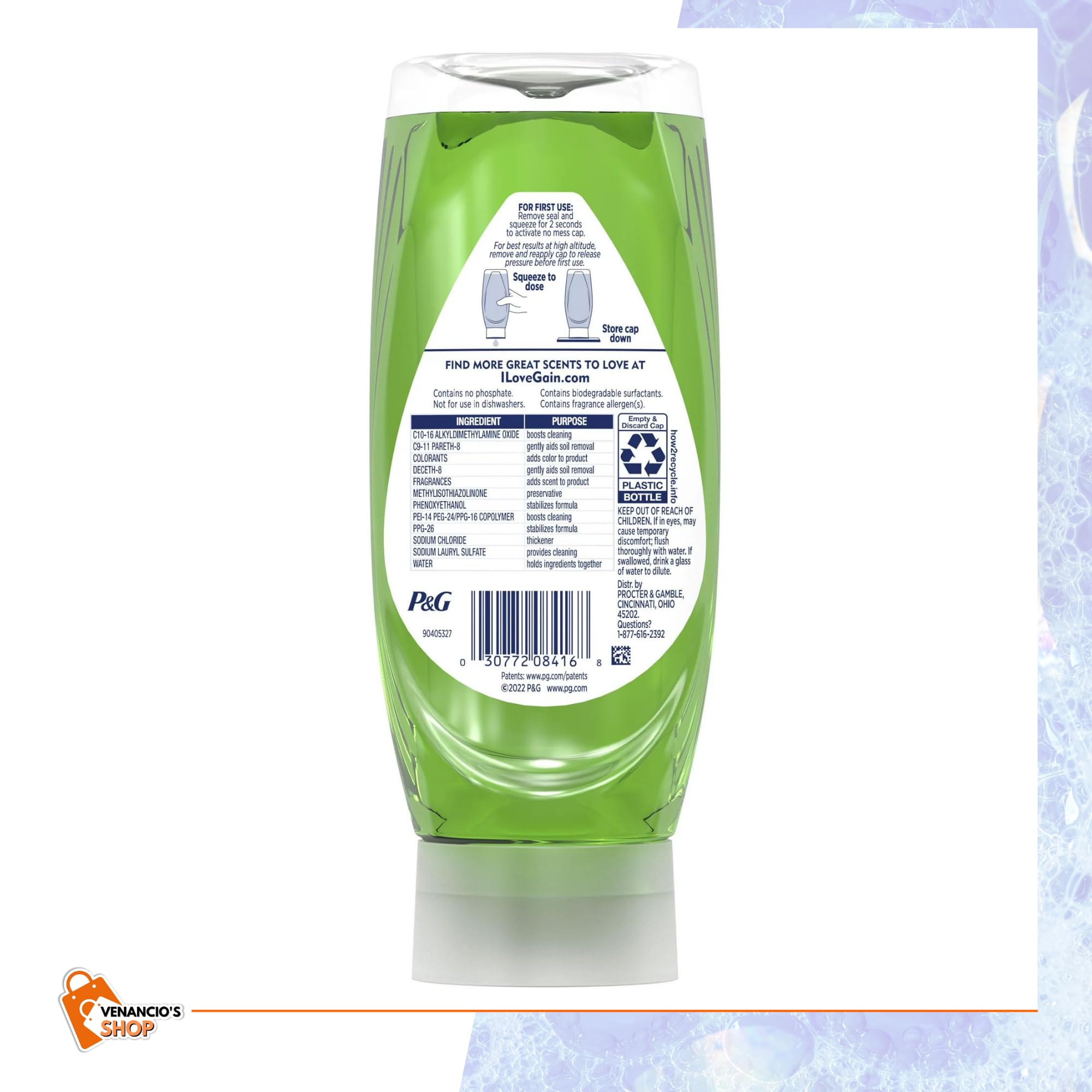 Gain EZ-Squeeze Dishwashing Liquid Dish Soap + Includes Venancio’sfridge Sticker and Cleaning Sponge (Original Scent 14.7 fl oz – Pack of 1)
