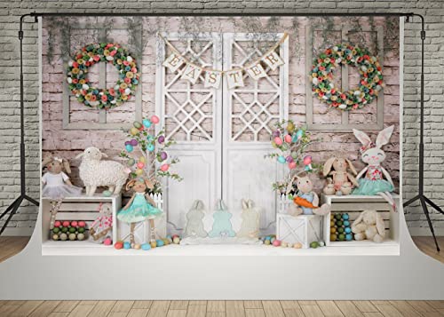 Kate 7x5ft Spring Happy Easter Day Photography Backdrops Colorful Eggs Cute Rabbit Toy Photographic Background Retro Gray Wall White Door Baby Shower Newborn Shooting Backdrop