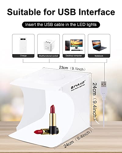 PULUZ Photo Studio Box with LED Light, 20cm Mini Portable Photography Lighting Tent Kit, White Foldable Shooting Softbox with 2x20 Lights + 6 Backdrops for Product Display