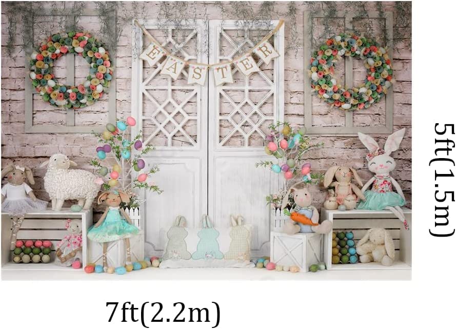 Kate 7x5ft Spring Happy Easter Day Photography Backdrops Colorful Eggs Cute Rabbit Toy Photographic Background Retro Gray Wall White Door Baby Shower Newborn Shooting Backdrop
