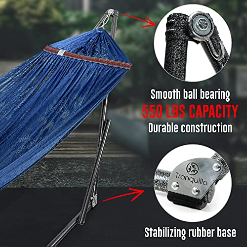 Tranquillo Adjustable Hammock Stand, Collapsible Camping Hammock and Stand, 550 lbs Capacity Steel Double Hammock Stand for 2 Persons, Premium Pre-Assembled Stand for Indoor Outdoor, Anti-flip, Aegean