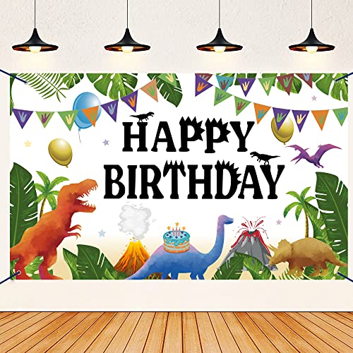 Watercolor Dinosaur Happy Birthday Banner Backdrop, 73'' x 43'' Jungle Theme Dinosaur Birthday Party Decoration Supplies Photography Background for Boys