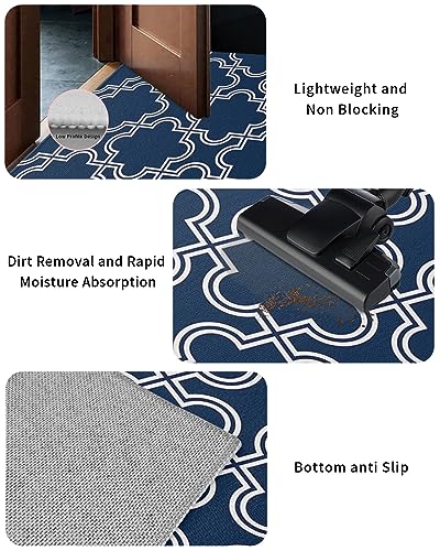 Front Entrance Floor Mats, Non Slip Bathroom/Kitchen Mat Absorbent Durable Small Rugs, Navy Geometric Moroccan Tile Pattern Door Mat Indoor/Outdoor Carpet Shoes Scraper 20x32 inch