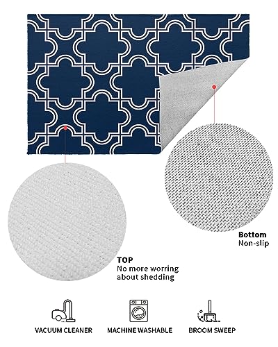 Front Entrance Floor Mats, Non Slip Bathroom/Kitchen Mat Absorbent Durable Small Rugs, Navy Geometric Moroccan Tile Pattern Door Mat Indoor/Outdoor Carpet Shoes Scraper 20x32 inch