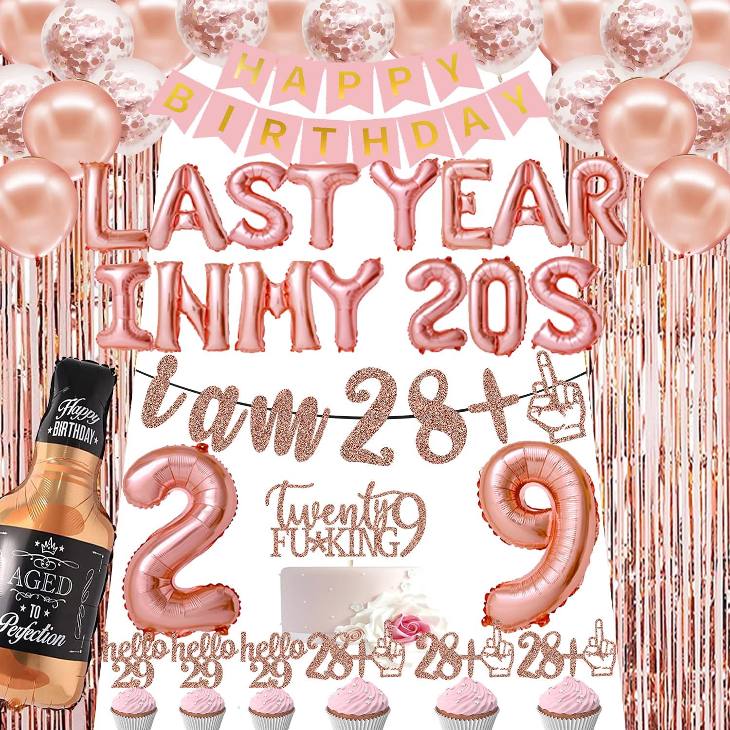 29th Birthday Decorations for Women include Last Year In My 20s Balloon Banner I AM 28+1 Glitter Banner 29 Birthday Cake Topper Cupcake Toppers Number 29 Foil Balloons Whiskey Balloon