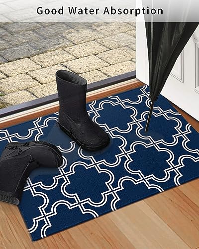 Front Entrance Floor Mats, Non Slip Bathroom/Kitchen Mat Absorbent Durable Small Rugs, Navy Geometric Moroccan Tile Pattern Door Mat Indoor/Outdoor Carpet Shoes Scraper 20x32 inch