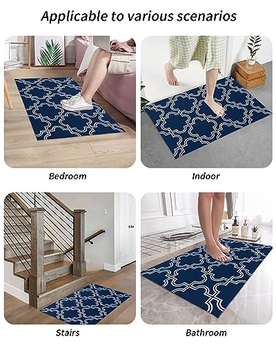 Front Entrance Floor Mats, Non Slip Bathroom/Kitchen Mat Absorbent Durable Small Rugs, Navy Geometric Moroccan Tile Pattern Door Mat Indoor/Outdoor Carpet Shoes Scraper 20x32 inch