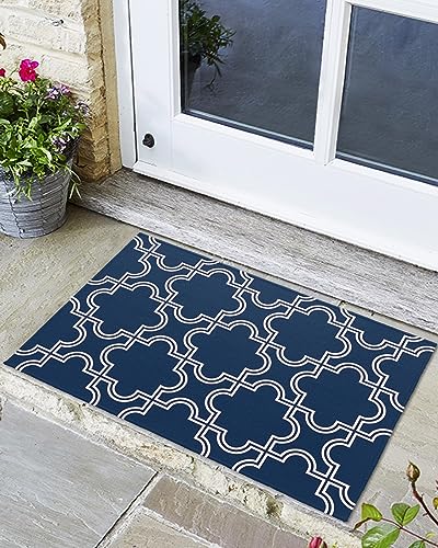 Front Entrance Floor Mats, Non Slip Bathroom/Kitchen Mat Absorbent Durable Small Rugs, Navy Geometric Moroccan Tile Pattern Door Mat Indoor/Outdoor Carpet Shoes Scraper 20x32 inch