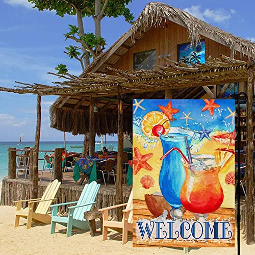 Summer Welcome Garden Flags for Outside 12x18 Double Sided Tropical Hawaii Beach Vertical Garden Yard Flags Pool Home Party Outdoor Garden Decor Banner