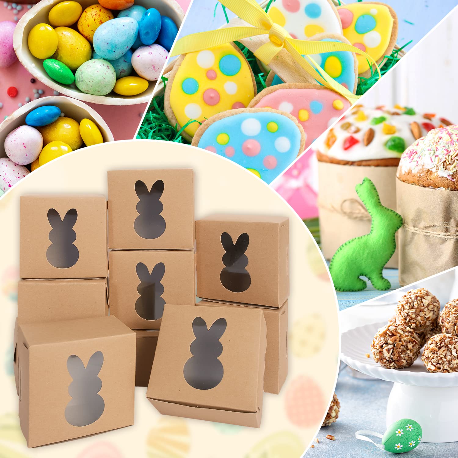 Whaline 24Pcs Easter Treat Boxes Kraft Cardboard Box with Bunny Shape Window Easter Spring Holiday Paper Gift Containers for Cookies Goodies Candies Sweets Easter Party Favor Supplies