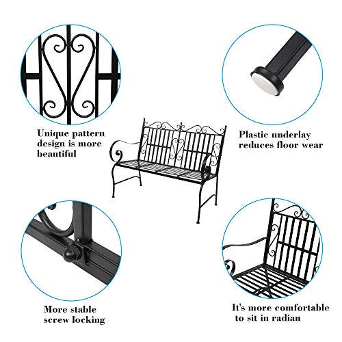 VINGLI Patio Steel Garden Bench with Black Finish, Weather Resistant Patio Metal Bench for Courtyards, Lawns, Balconies, Pools and Beaches