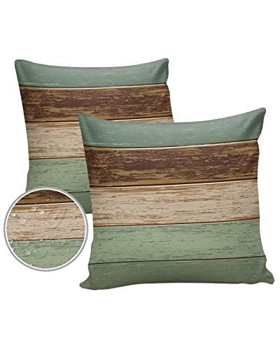 Vandarllin Outdoor Throw Pillows Covers 16X16 Set of 2 Waterproof Sage Green Brown Decorative Zippered Cushion Covers for Patio Furniture, Farmhouse Retro Rustic Barn Wood Texture Lumbar Pillowcases