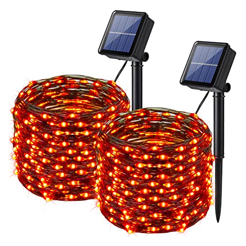 Lomotech 2 Pack Halloween Lights, 33ft 100LED Orange Solar String Lights with 8 Modes, Waterproof Solar Fairy Lights for Patio, Garden, Yard, Party, Halloween Outdoors Decorative