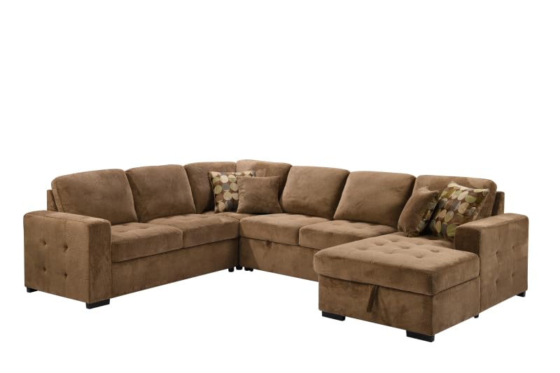 U-Shaped Oversized Polyester Sectional Sofa with Pull Out Sleeper Couch Bed & Storage Chaise Lounge, King Functional Sofá w/ 4 Pillows for Large Flat Mansion Villa Living Room Furniture Sets, Brown
