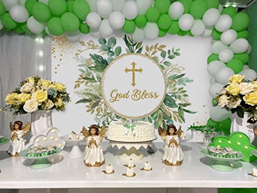 Mocsicka God Bless Backdrop First Communion Baptism Christening Party Decorations Vinyl Green Leaves Newborn Baby Shower Photography Background Photo Booth (7x5ft)