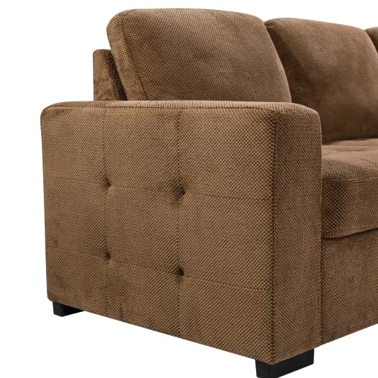 U-Shaped Oversized Polyester Sectional Sofa with Pull Out Sleeper Couch Bed & Storage Chaise Lounge, King Functional Sofá w/ 4 Pillows for Large Flat Mansion Villa Living Room Furniture Sets, Brown