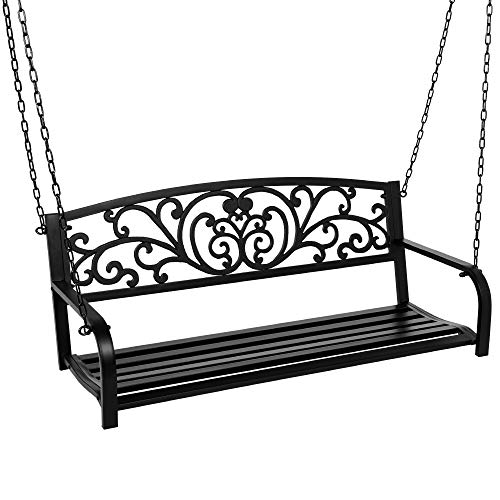 Best Choice Products 2-Person Metal Outdoor Porch Swing, Hanging Steel Patio Bench for Garden Deck w/Floral Accent, 485lb Weight Capacity - Black