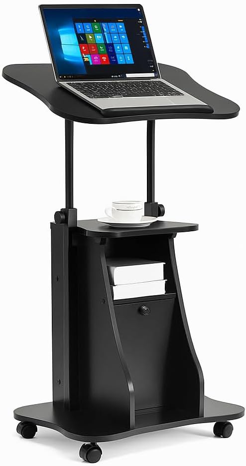 Tangkula Mobile Laptop Podium, Height Adjustable Sit to Stand Desk with Tilting Desktop & Storage Cabinet, Ergonomic Rolling Lectern Cart Laptop Desk, Office Podium Stand on Wheels (1)