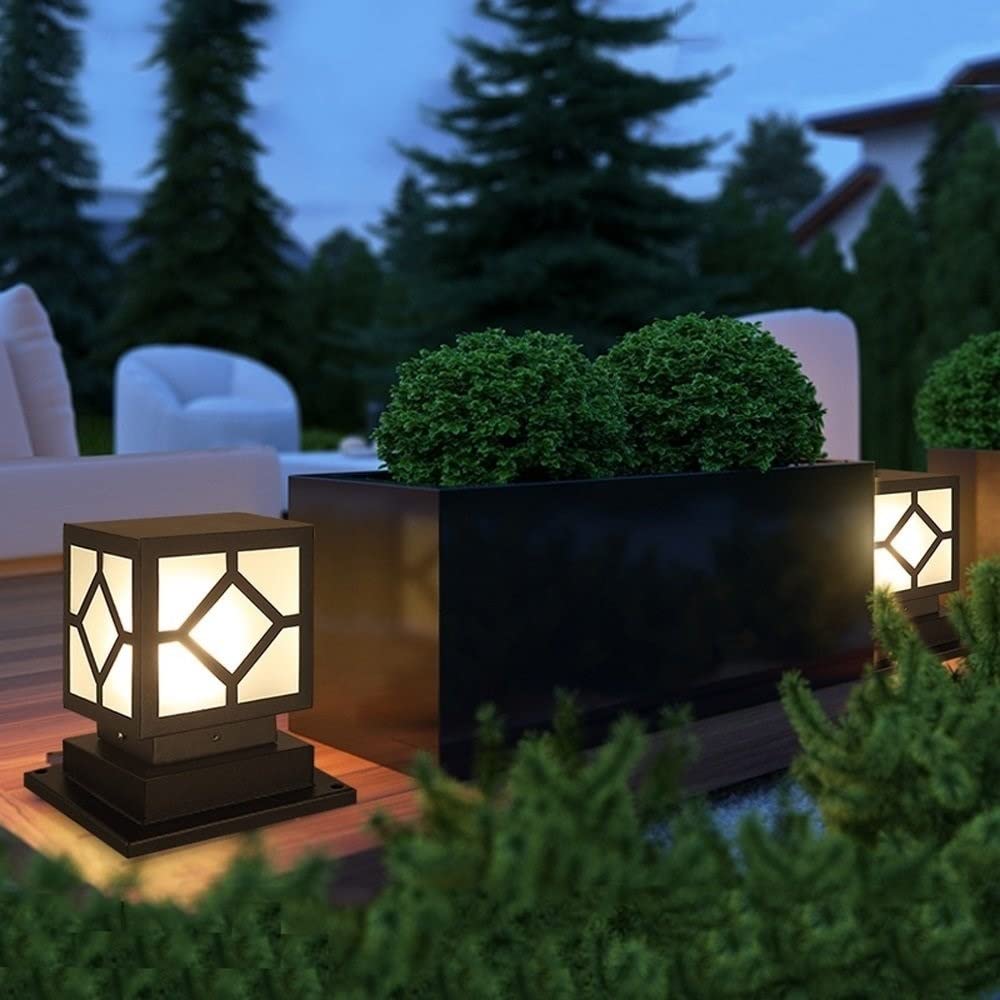 MODEBHD 23cm High Outdoor Post Column Lamp Lawn Garden Light Landscape Single Head Metal with Glass Shade Pillar Lights Villa Wall Door Post Lantern Light, IP44 Waterproof Black Post Lights