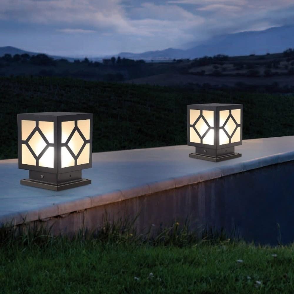 MODEBHD 23cm High Outdoor Post Column Lamp Lawn Garden Light Landscape Single Head Metal with Glass Shade Pillar Lights Villa Wall Door Post Lantern Light, IP44 Waterproof Black Post Lights