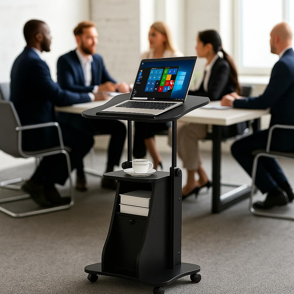 Tangkula Mobile Laptop Podium, Height Adjustable Sit to Stand Desk with Tilting Desktop & Storage Cabinet, Ergonomic Rolling Lectern Cart Laptop Desk, Office Podium Stand on Wheels (1)