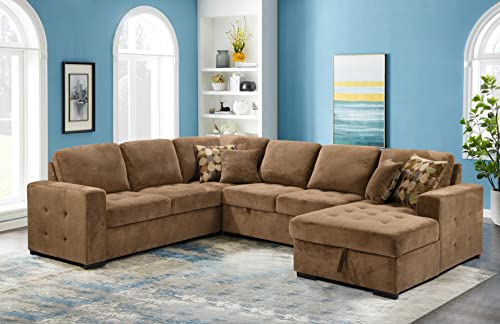 U-Shaped Oversized Polyester Sectional Sofa with Pull Out Sleeper Couch Bed & Storage Chaise Lounge, King Functional Sofá w/ 4 Pillows for Large Flat Mansion Villa Living Room Furniture Sets, Brown