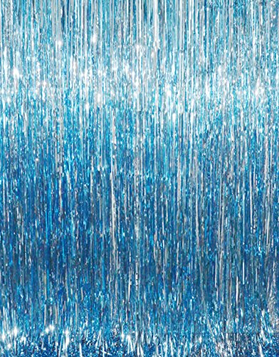 GOER 6.4 ft x 9.8 ft Metallic Tinsel Foil Fringe Curtains,Pack of 2 Party Streamer Backdrop for Birthday,Graduation Decorations and New Year Eve (Light Blue)
