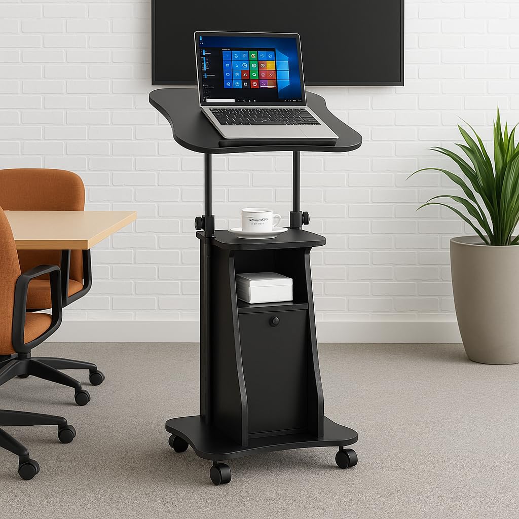Tangkula Mobile Laptop Podium, Height Adjustable Sit to Stand Desk with Tilting Desktop & Storage Cabinet, Ergonomic Rolling Lectern Cart Laptop Desk, Office Podium Stand on Wheels (1)