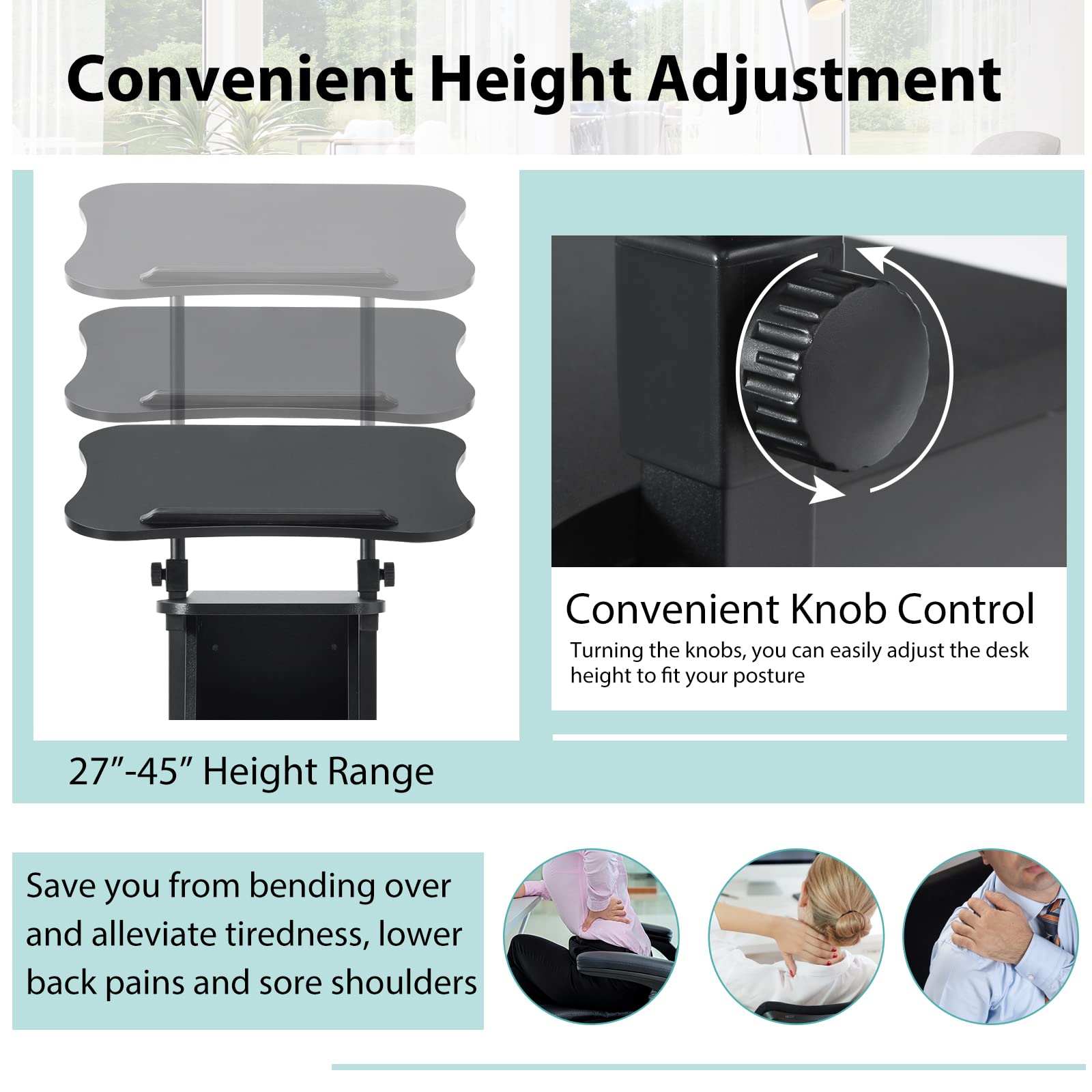 Tangkula Mobile Laptop Podium, Height Adjustable Sit to Stand Desk with Tilting Desktop & Storage Cabinet, Ergonomic Rolling Lectern Cart Laptop Desk, Office Podium Stand on Wheels (1)