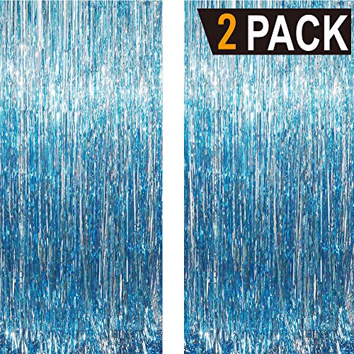 GOER 6.4 ft x 9.8 ft Metallic Tinsel Foil Fringe Curtains,Pack of 2 Party Streamer Backdrop for Birthday,Graduation Decorations and New Year Eve (Light Blue)
