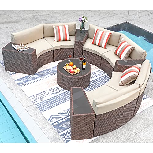 SUNSITT Outdoor Sectional Set 11-Piece Half Moon Patio Furniture Brown Wicker Sofa Beige Cushions with 4 Side Table and 4 Pillows