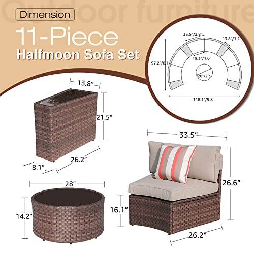 SUNSITT Outdoor Sectional Set 11-Piece Half Moon Patio Furniture Brown Wicker Sofa Beige Cushions with 4 Side Table and 4 Pillows