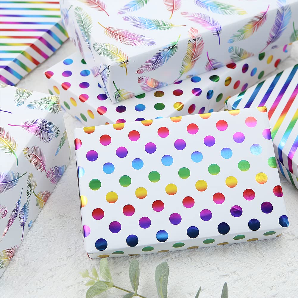 Premium Foil Birthday Wrapping Paper Flat Sheets (6-Sheets, 3-Designs: 23 sq. ft. ttl)- Colorful Gold Rainbow Feather, Polka dot, Stripe-Gift Wrap for Birthday, Wedding, Christmas Day, Happy New Years,Valentine's Day, Baby Shower, Bridal Shower