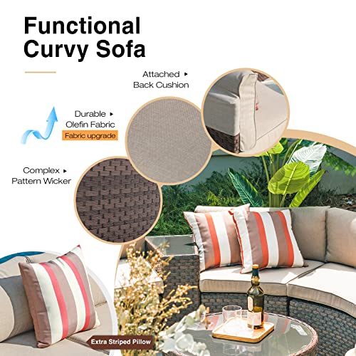SUNSITT Outdoor Sectional Set 11-Piece Half Moon Patio Furniture Brown Wicker Sofa Beige Cushions with 4 Side Table and 4 Pillows